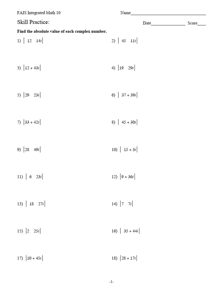 Complex Numbers Absolute Value Worksheet | PDF
