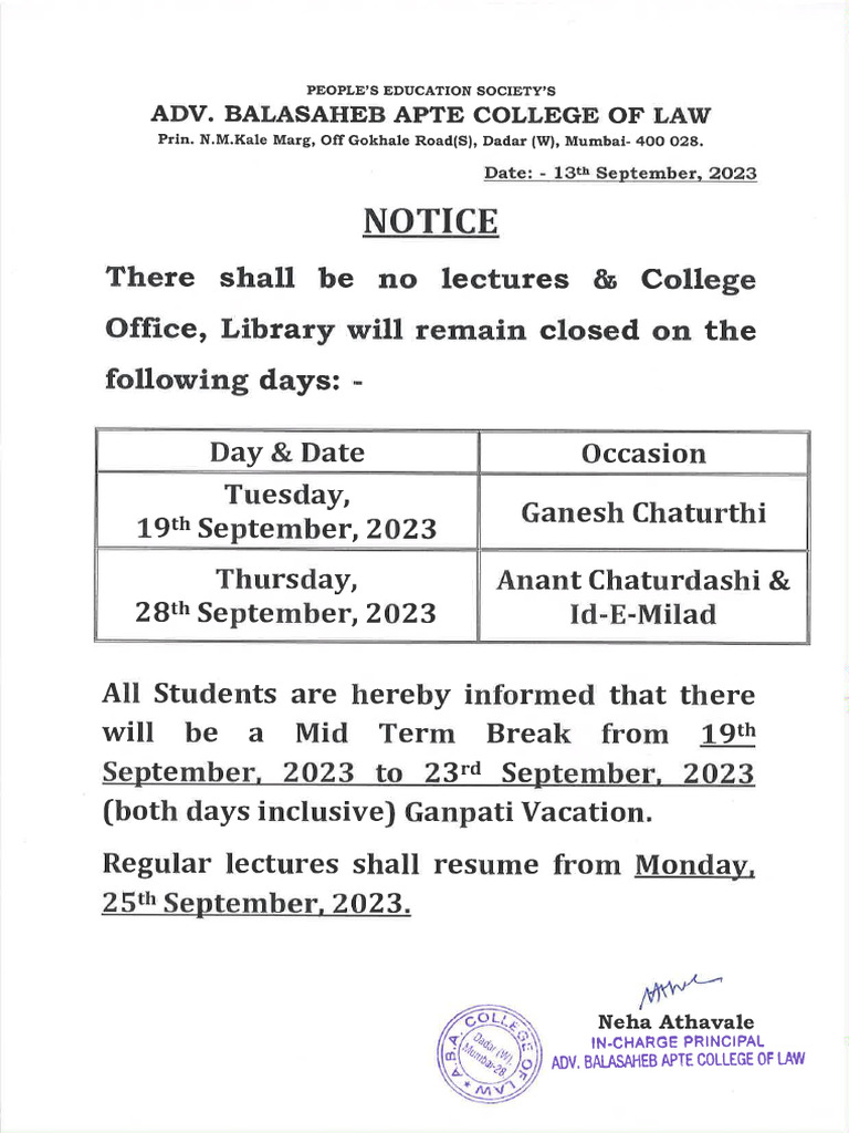 Notice of Holiday For The Month of Septemeber, 2023 | PDF