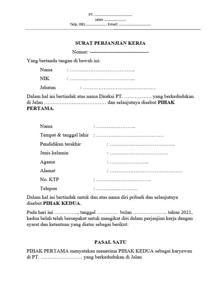 Draft Surat Perjanjian Kerja | PDF