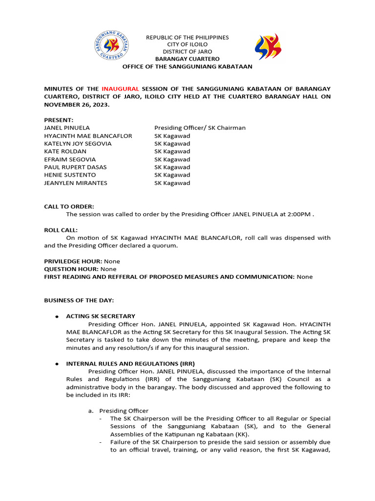 Cuartero SK Inaugural Session Minutes | PDF | Government | Justice