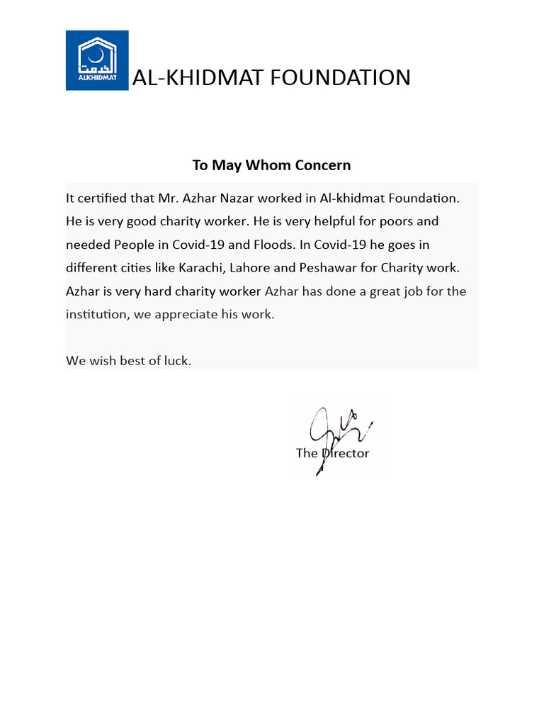 Al-Khidmat Foundation: To May Whom Concern | PDF