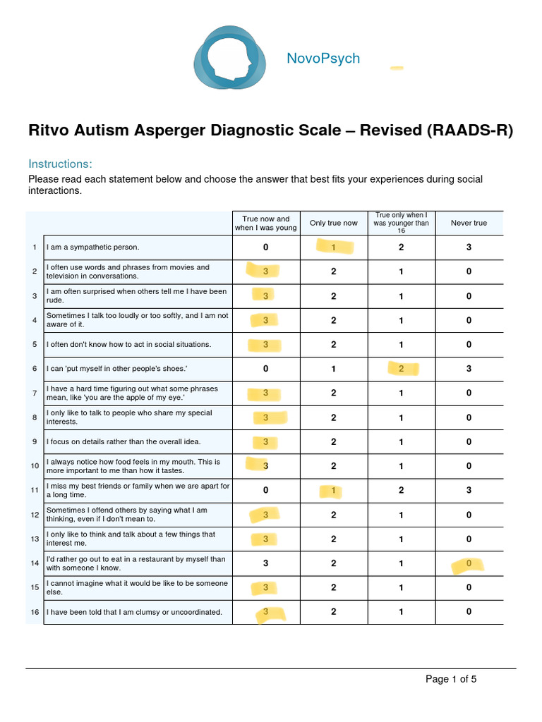 Adult Autism Spectrum Assessment RAADS R | PDF