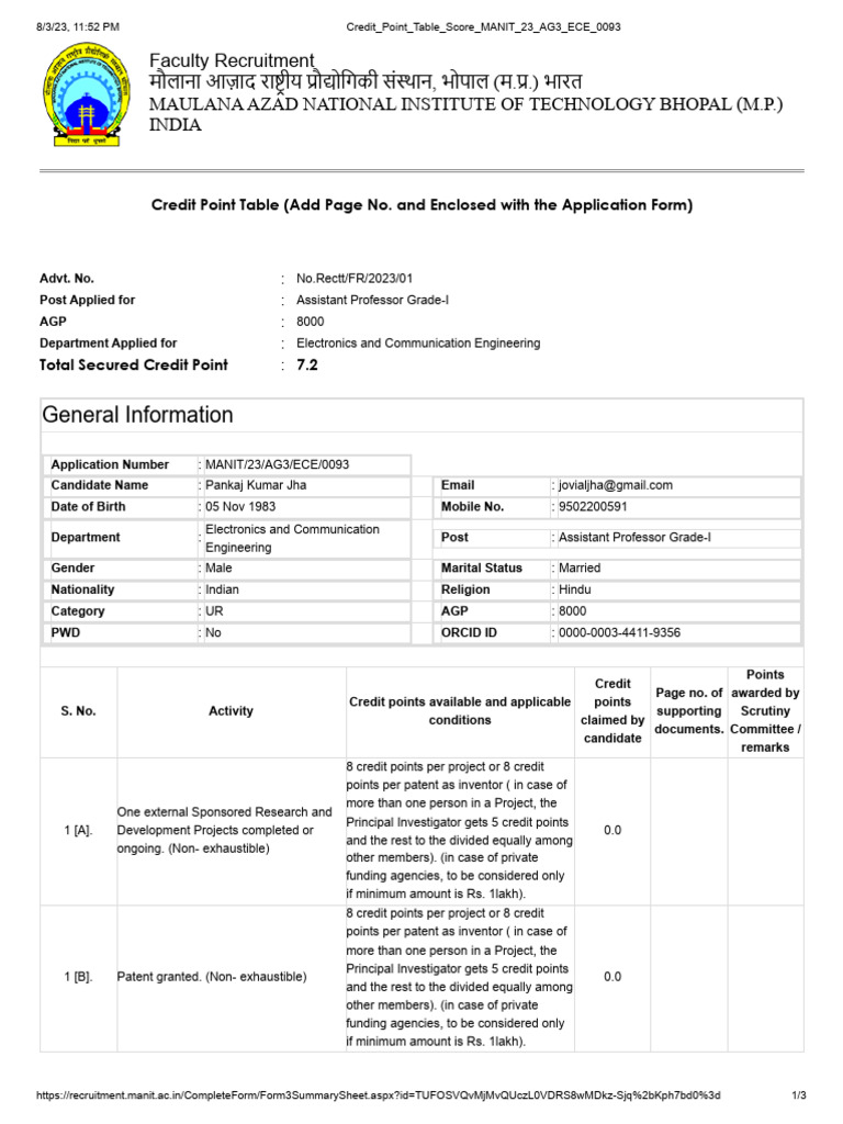 Credit Point Table Score MANIT 23 AG3 ECE 0093 | PDF