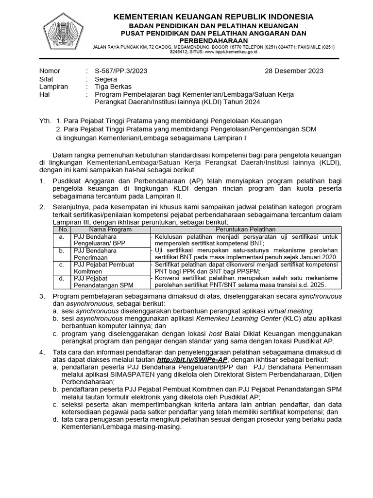 Surat Program Pelatihan KLDI 2024 | PDF