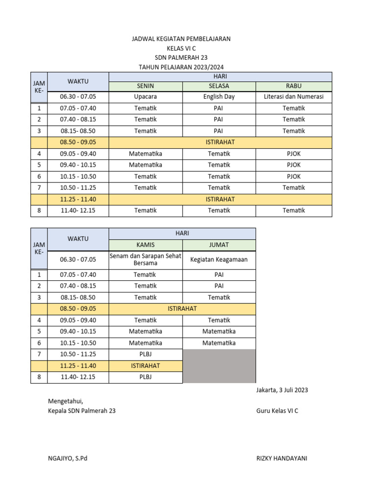 Jadwal Pembelajaran 6 C | PDF
