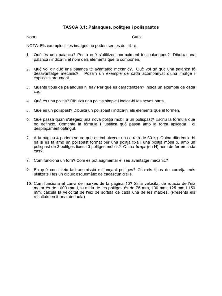 Tasca 3.1 Palanques Politges I Polispastos | PDF
