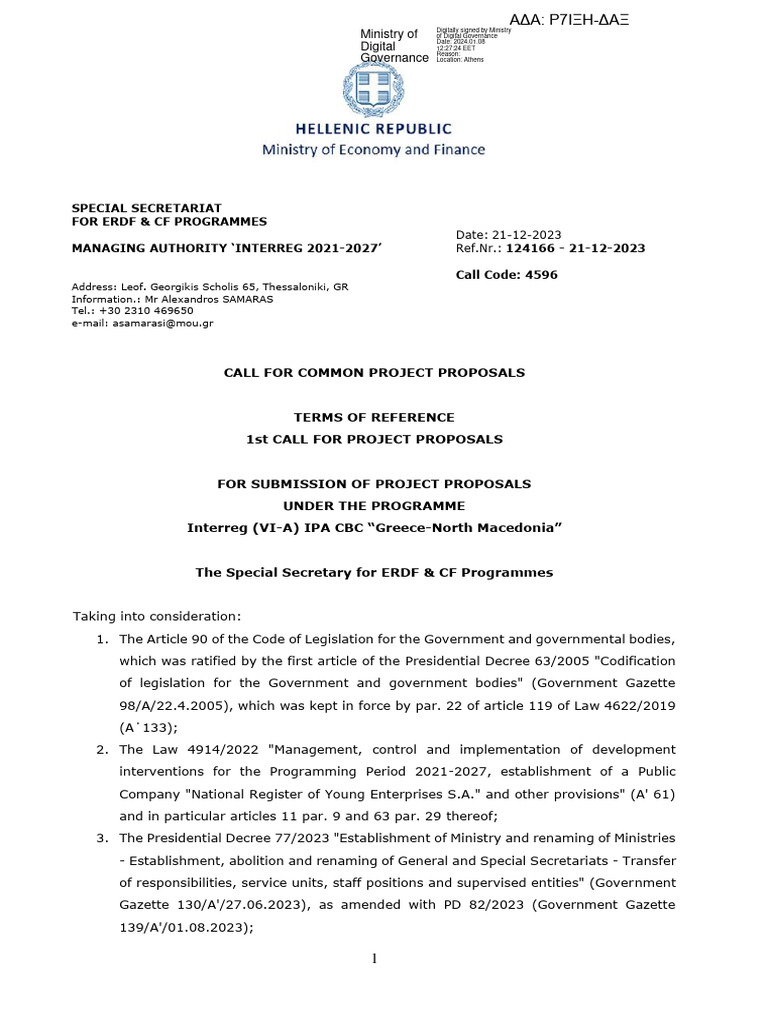 1st Call For Proposals Terms of Reference - Corrigendum 08.01.2024 Amendment of The Annex 1 ...