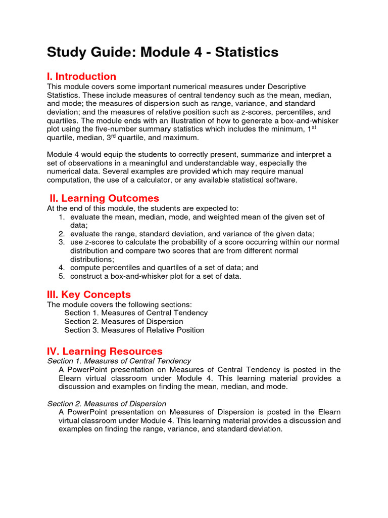 Module 4 Study Guide | PDF | Median | Mean Module 4 Study Guide | PDF | Median | Mean