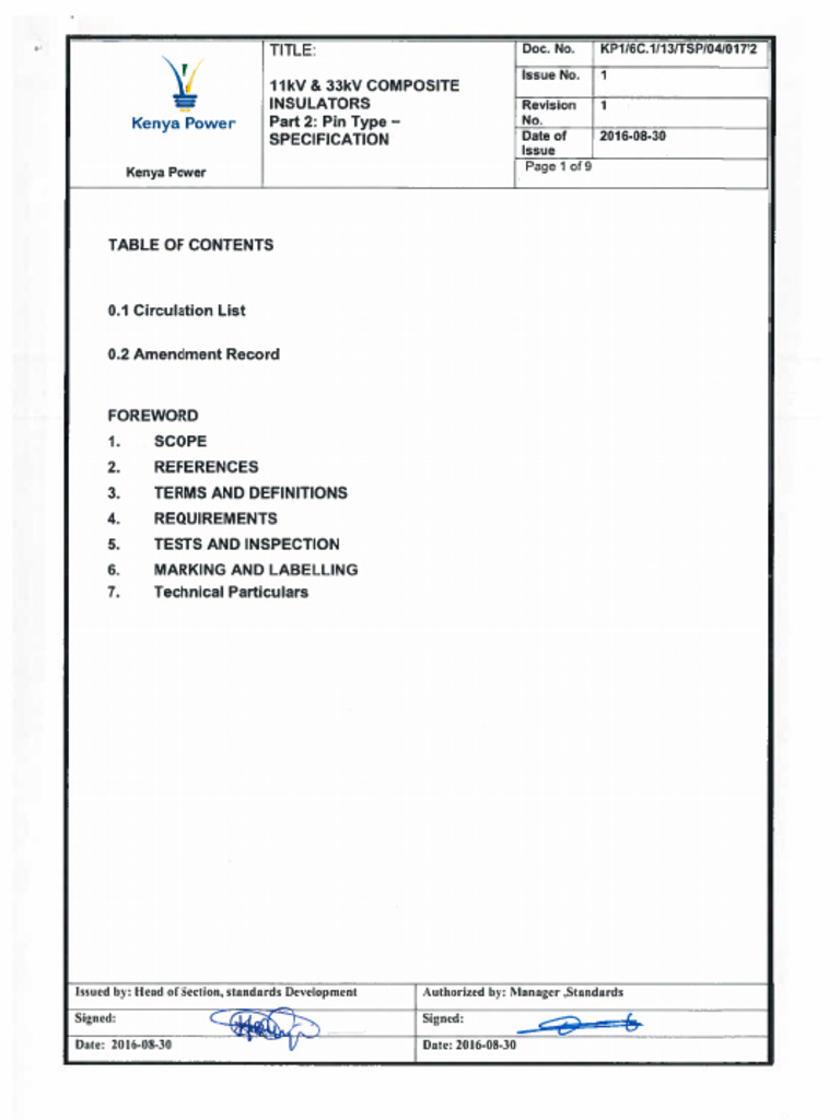 KP1-6C.1-13-TSP-04-017-2 - 11KV & 33KV Composite Insulators. Part 2 - Pin Type Specification | PDF