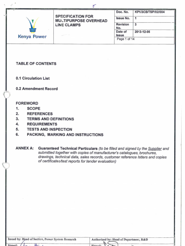 KP1-3CB-TSP-02-004 Specification For Multipurpose Overhead Line Clamps | PDF