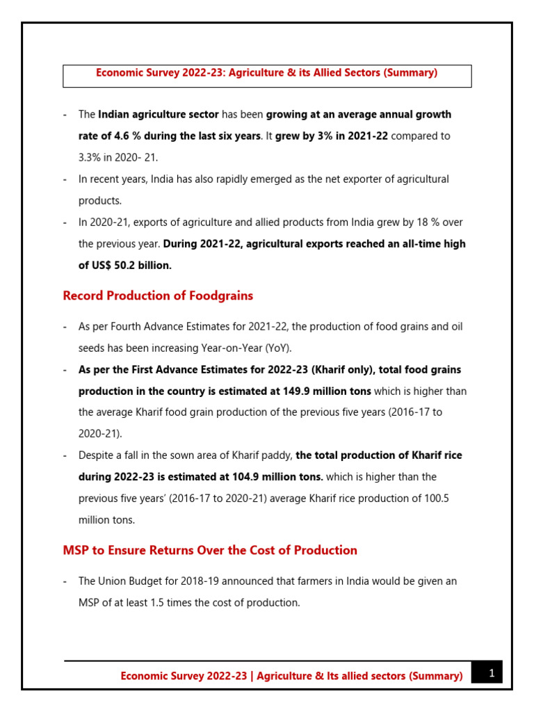 Economic Survey 2022 23 Agriculture and Its Allied Sectors Summary | PDF | Agriculture | Food ...