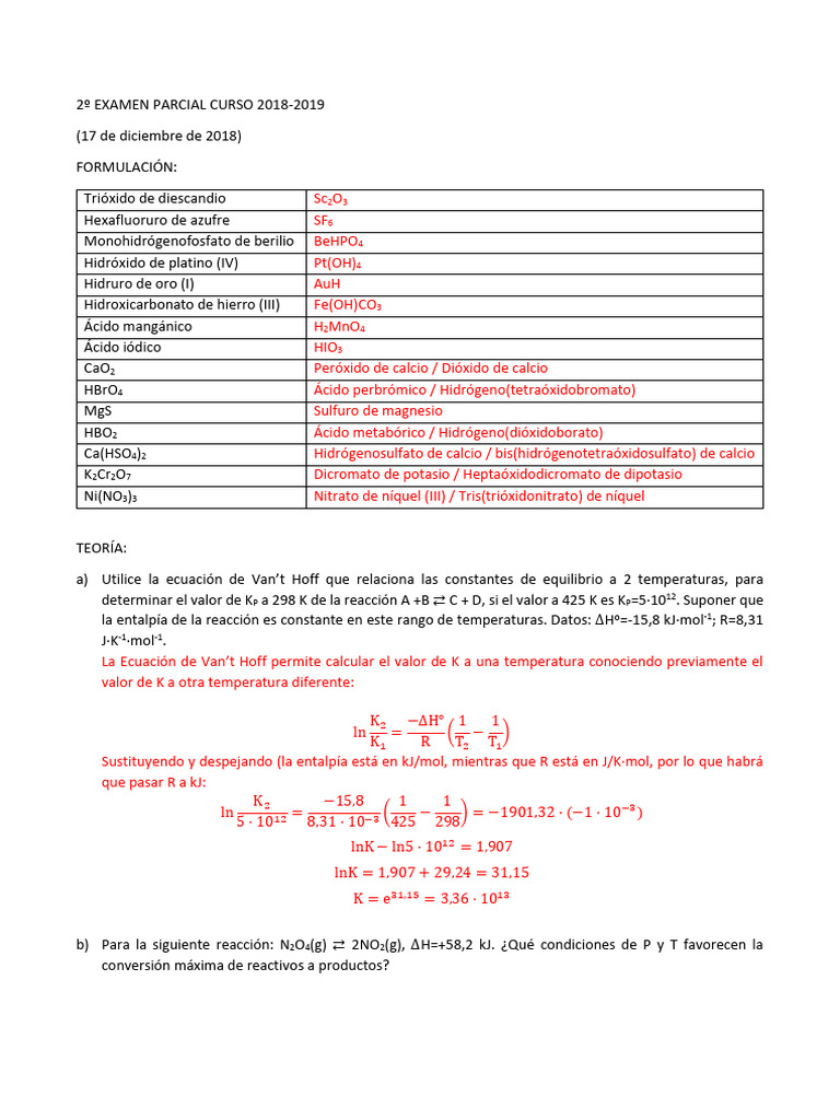 2018-2019 2o Parcial Solucion | PDF | Redox | Sal (química)