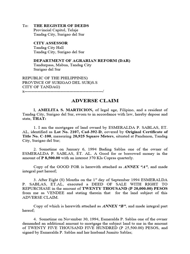 Adverse Claim - Amelita Marticion | PDF | Mortgage Law | Law And Economics