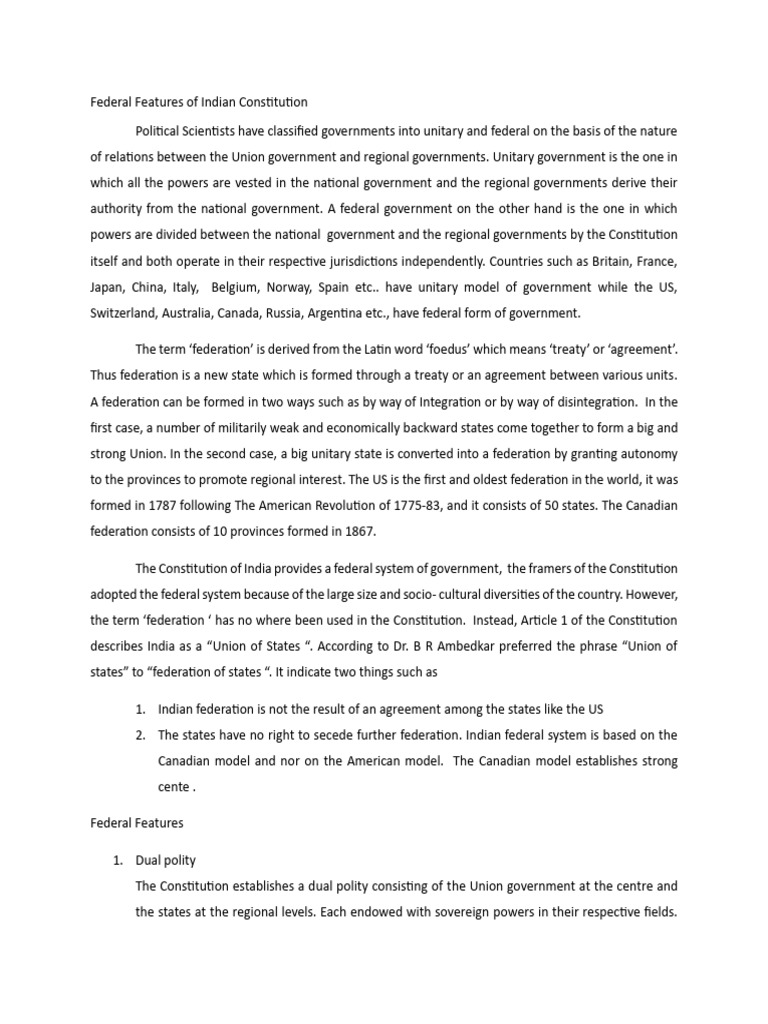 Federal Features of the Indian Constitution | PDF | Federation ...