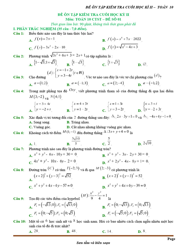 Đề 1 - Cuối Học Kì 2 - Toán 10 - CTST | PDF