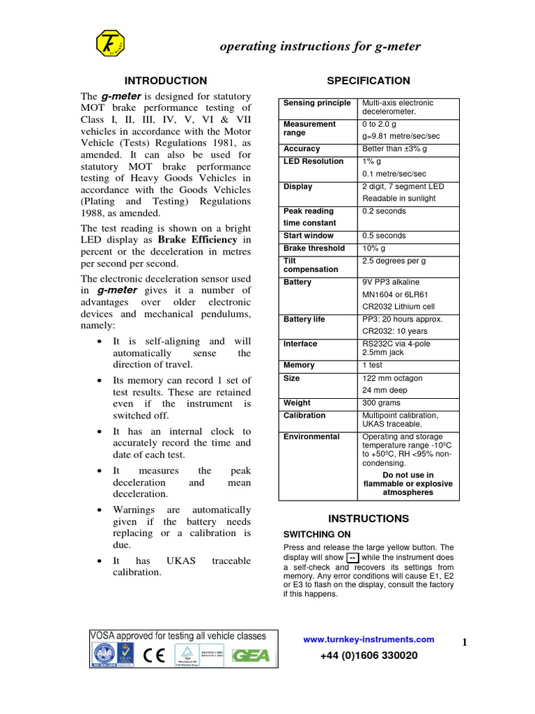 G-Meter Operating Instructions | PDF | Calibration | Metre