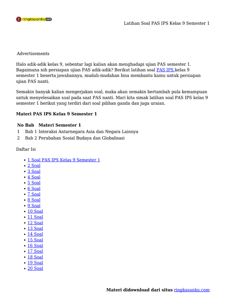 Latihan Soal PAS IPS Kelas 9 Semester 1 | PDF