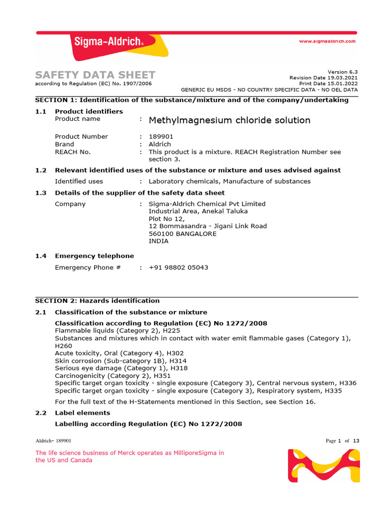 3M Methyl Magnesium Chloride Solution in Tetrahydrofuran | PDF ...