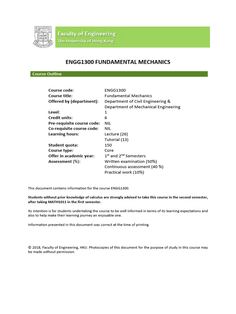 ENGG1300 Fundamental Mechanics - Course Outline v9 (1) | PDF ...