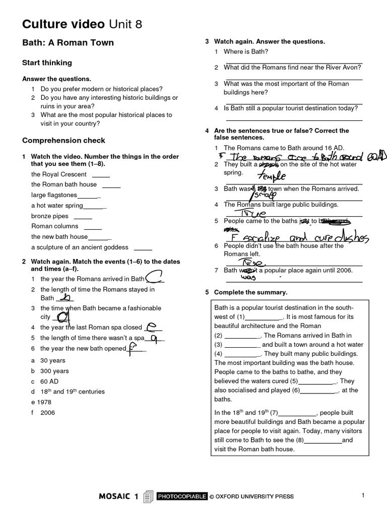 Unit8 Culture Video Worksheet | PDF | Bath | Spa