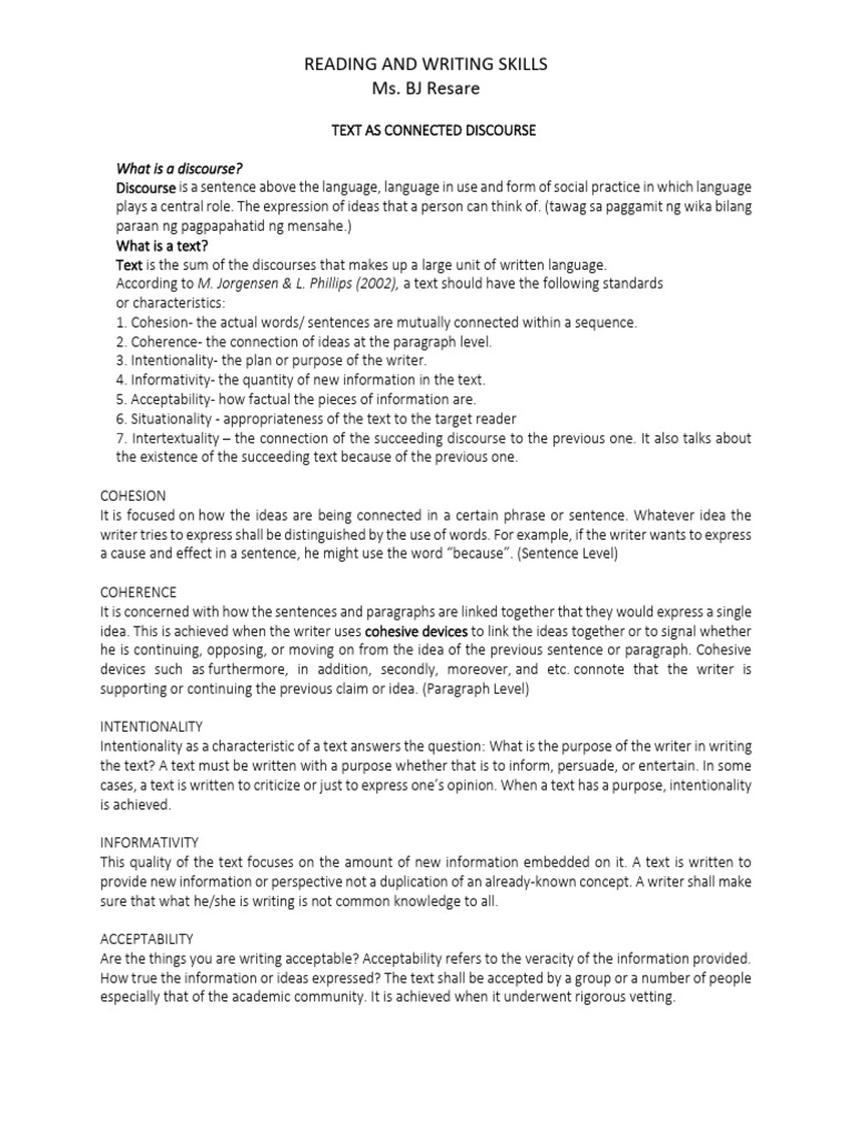 TEXT AS CONNECTED DISCOURSE - Handouts | PDF | Discourse | Intertextuality