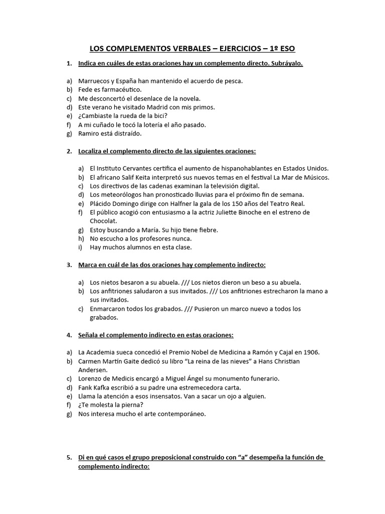 Los Complementos Verbales - Ejercicios | PDF