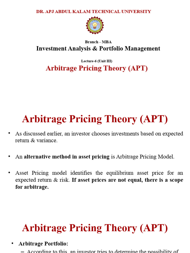 Iapm Unit 3 L-6 Arbitrage Pricing Theory | PDF