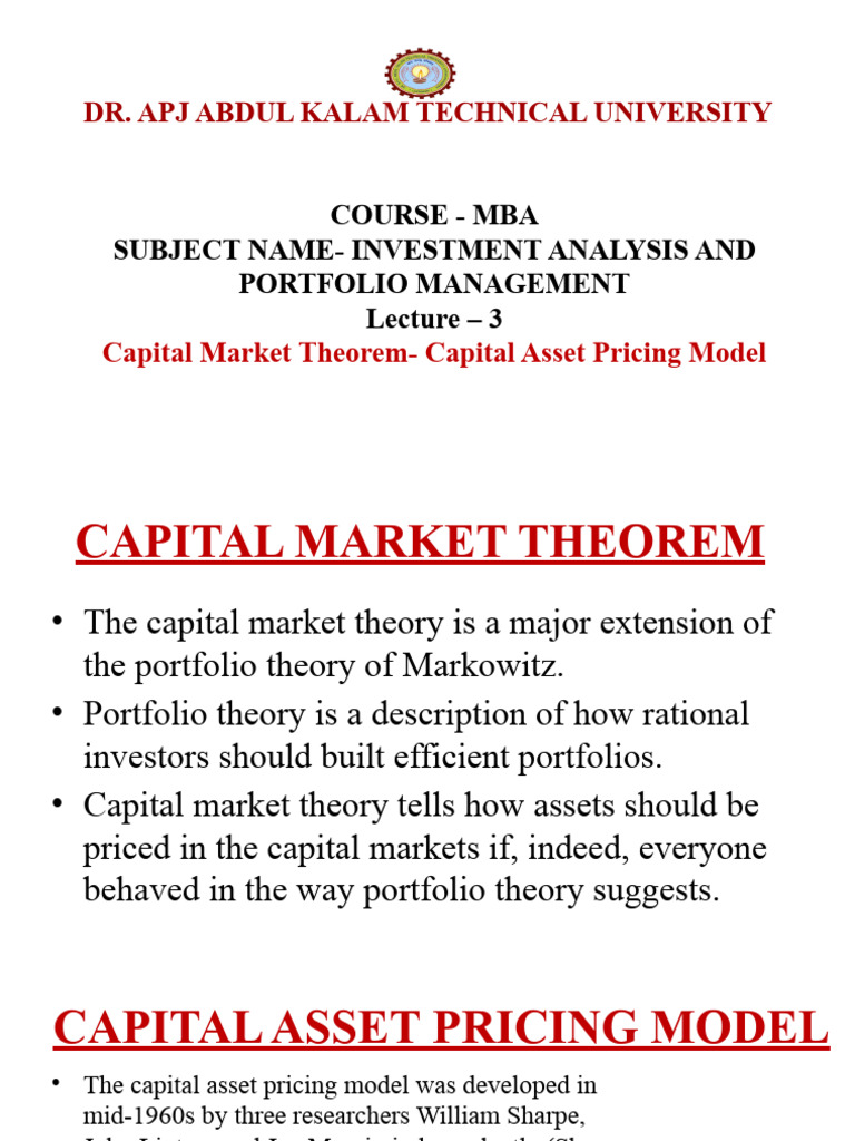 CAPM Lecture 1 | PDF | Modern Portfolio Theory | Capital Asset Pricing Model