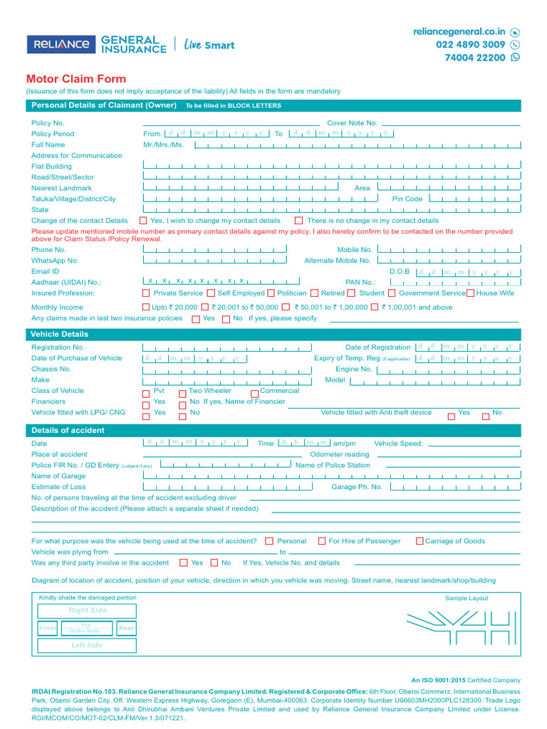 Motor - Claim - Form RELIANCE | PDF
