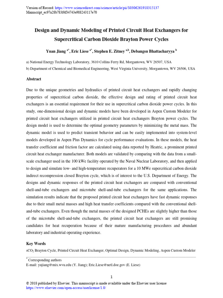 Design and Dynamic Modeling of PCHE For SCO2 Cycles | PDF | Fluid ...