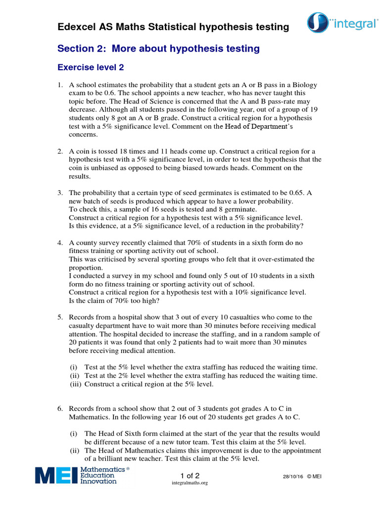 AS Maths: Hypothesis Testing Guide | PDF | Statistical Significance ...