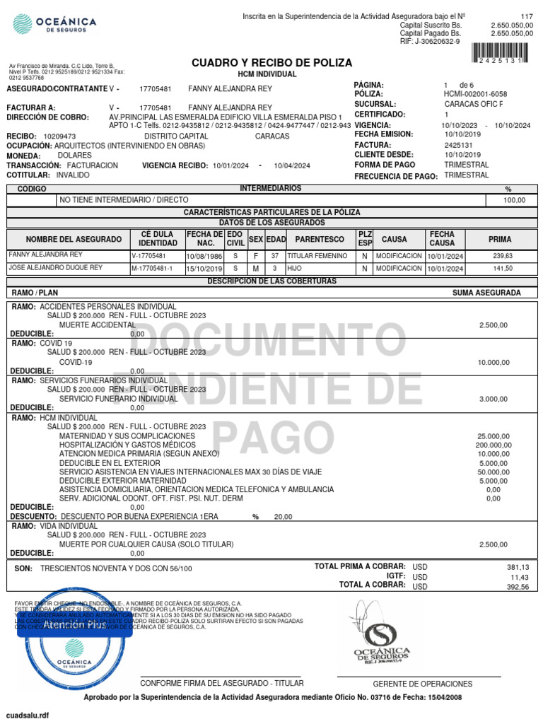 Documento Pendiente de Pago: Cuadro Y Recibo de Poliza | PDF