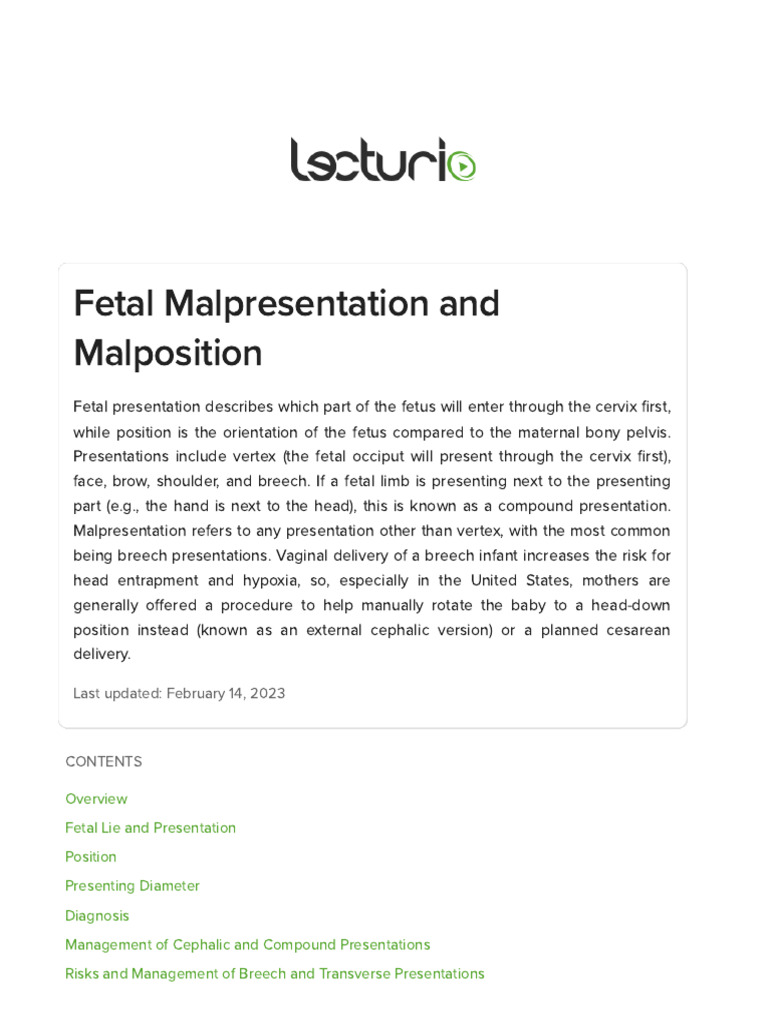 Fetal Malpresentation and Malposition - Lecturio | PDF | Childbirth | Fetus
