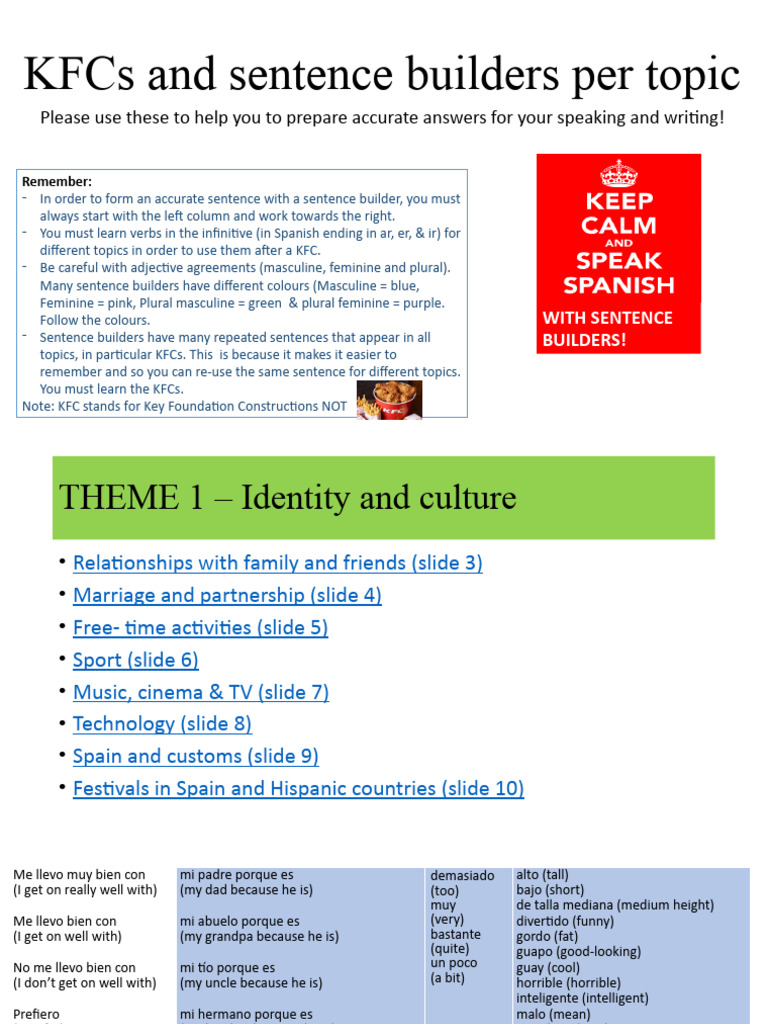 Spanish Sentence Builders Guide | PDF | Grammatical Gender