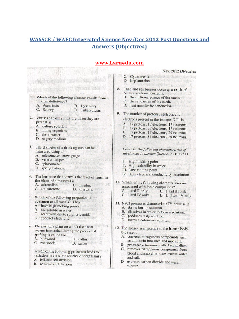 WASSCE WAEC Integrated Science Nov Dec 2012 Past Questions and Answers ...
