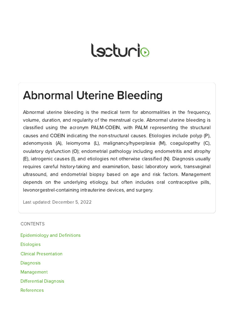 Abnormal Uterine Bleeding - Lecturio | PDF | Menstruation | Polycystic ...