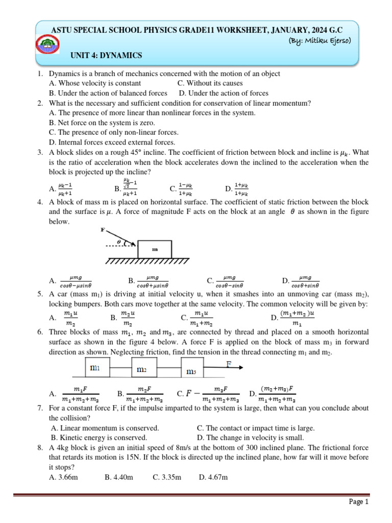 Physics Grade 11 Unit 4 Worksheet | PDF | Force | Acceleration