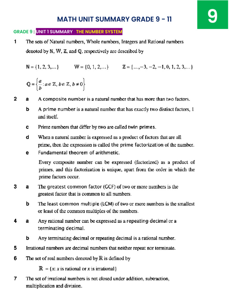 Math Unit Summary 9-11 | PDF