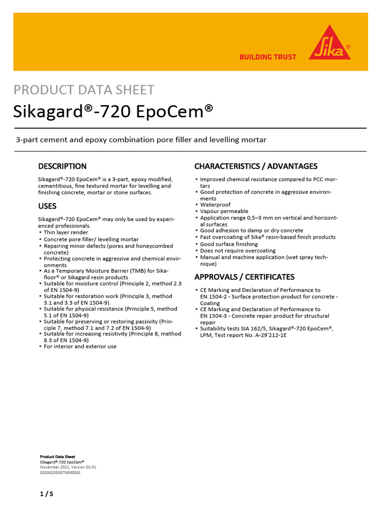 Sikagard 720 Epocem | PDF | Concrete | Epoxy
