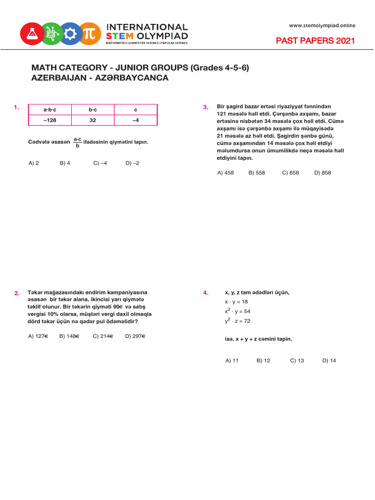 2021 AZ Math Past Papers Junior Groups 4-5-6 Grades | PDF
