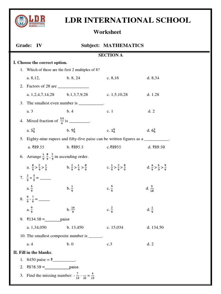 Grade 4 Maths Revision Worksheet For PA2 | PDF
