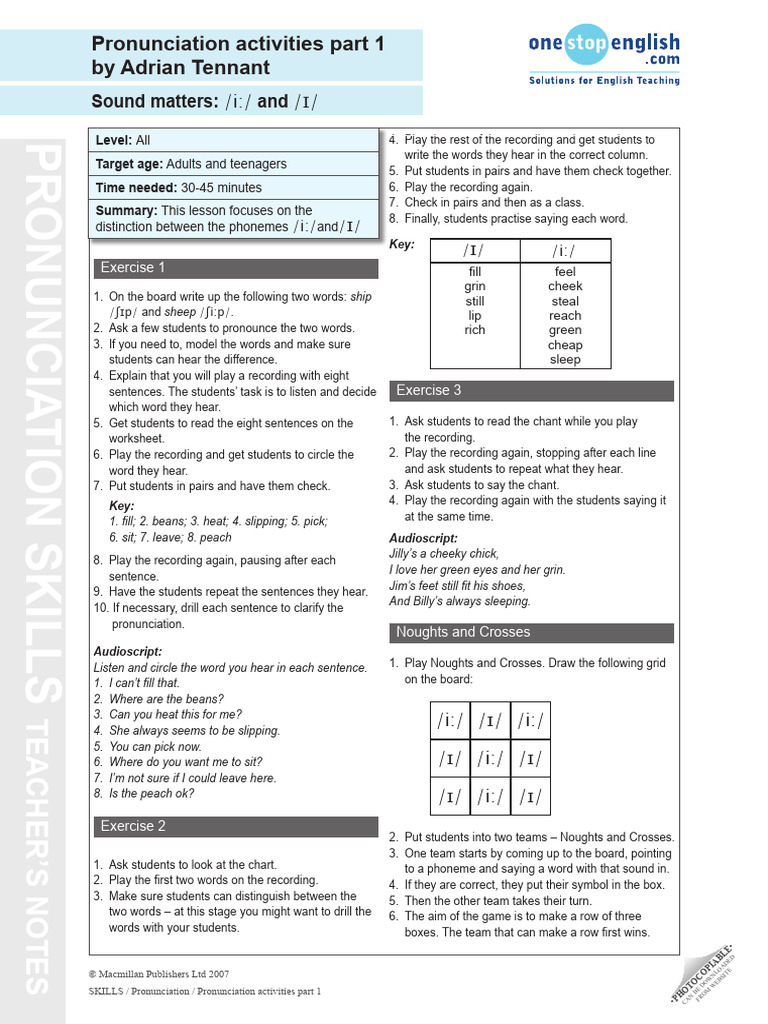 Pronunciation Actvities Part 1 Lesson Plan | PDF | Human Communication ...