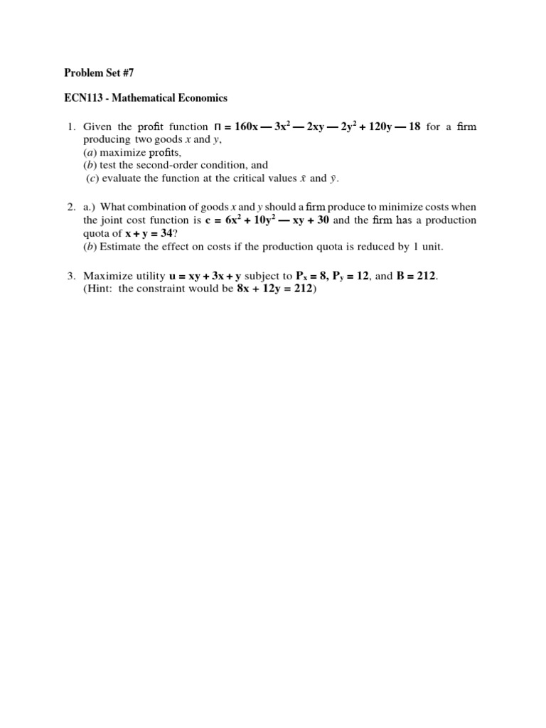 Problem Set 7 Calculus Of Multivariable Functions Pdf
