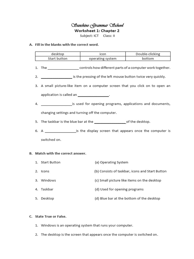 Grade 2 ICT Worksheet: Computer Basics | PDF | Icon (Computing) | Button (Computing)
