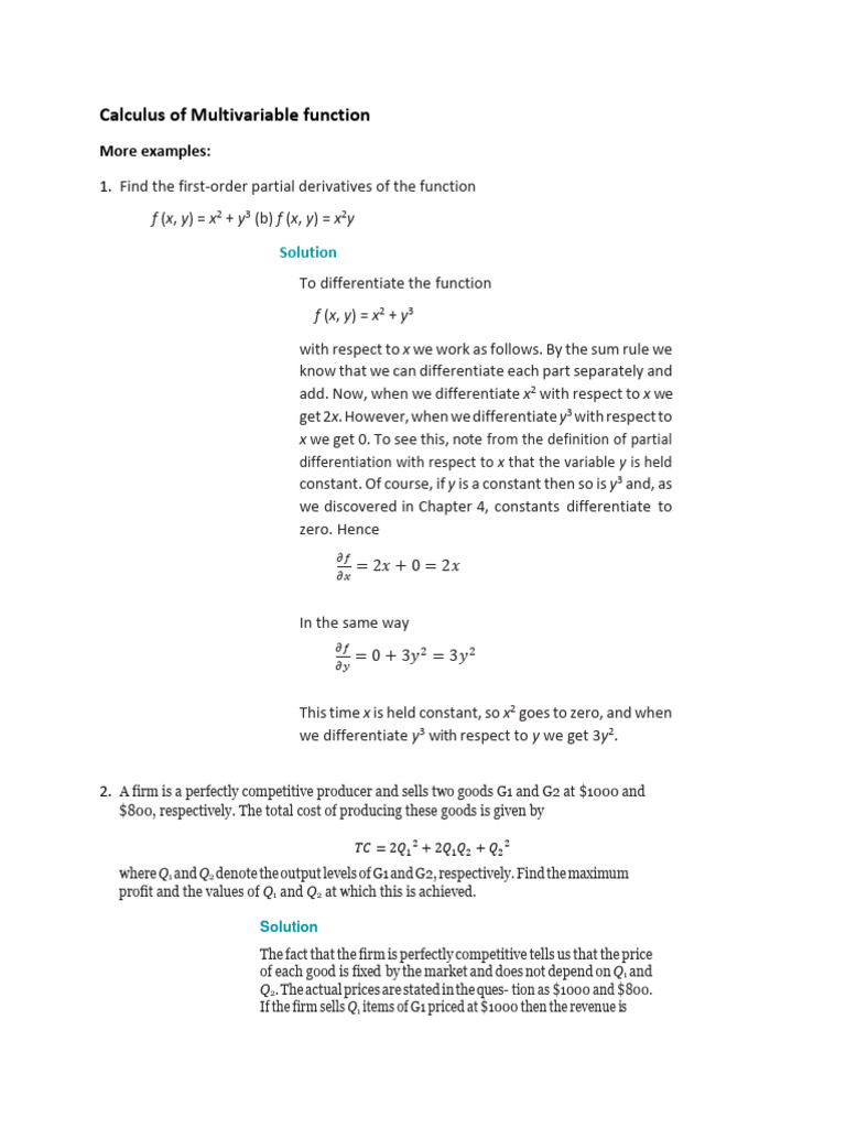 Economics Examples of Calculus of Multivariable Function in Economics | PDF | Multivariable ...