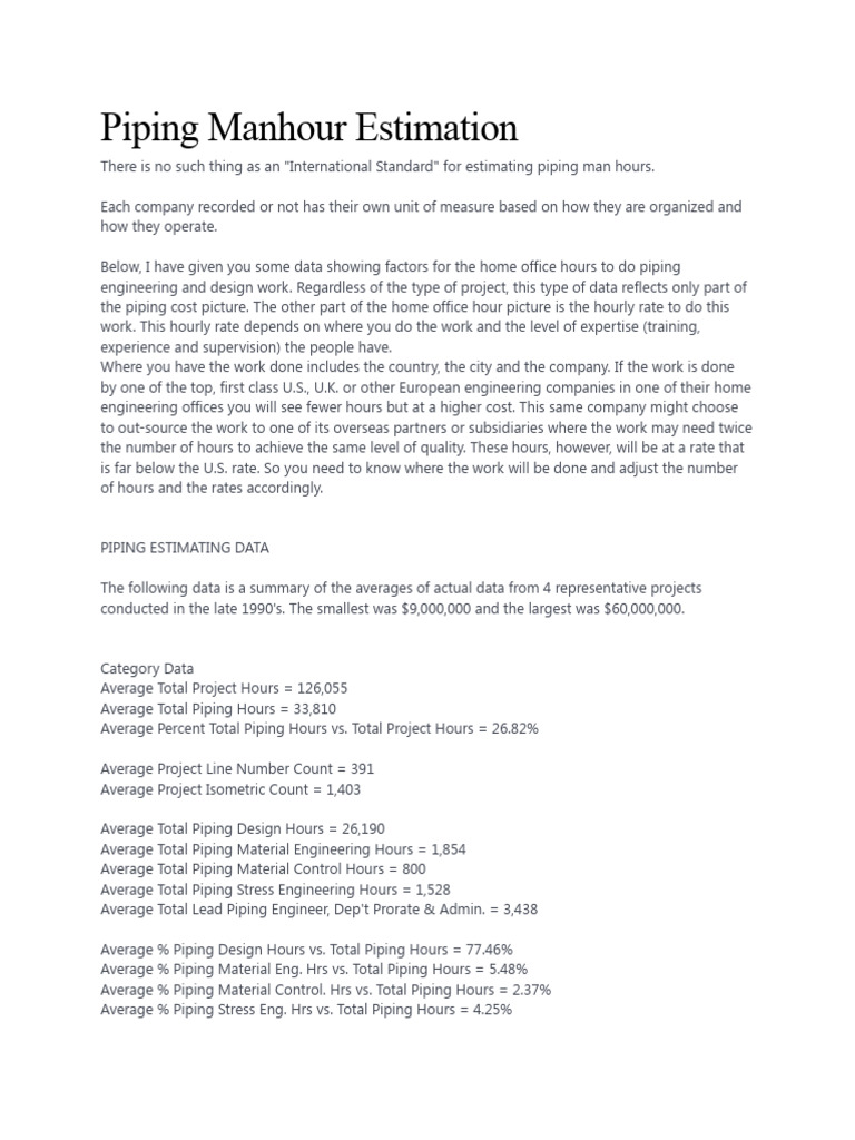 Piping Stress Manhour Estimation | PDF | Pipe (Fluid Conveyance ...