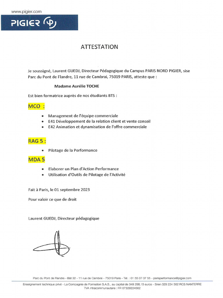 ATTESTATION PIGIER PERFORMANCE | PDF