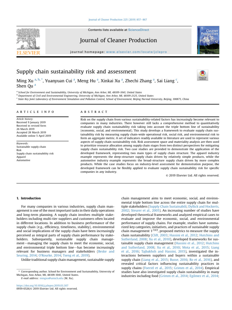 Xu et al. 2019 - Supply chain sustainability risk and assessment | PDF ...