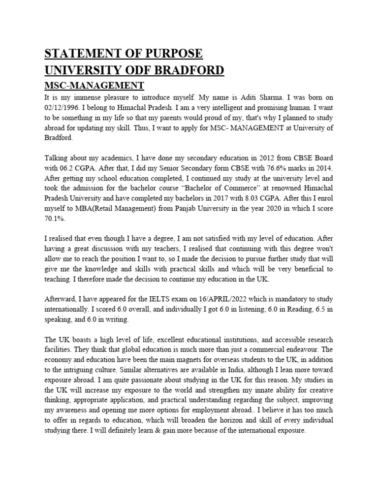 Aditi Sharma Sop For Bradford University | PDF | University | Master Of Business Administration