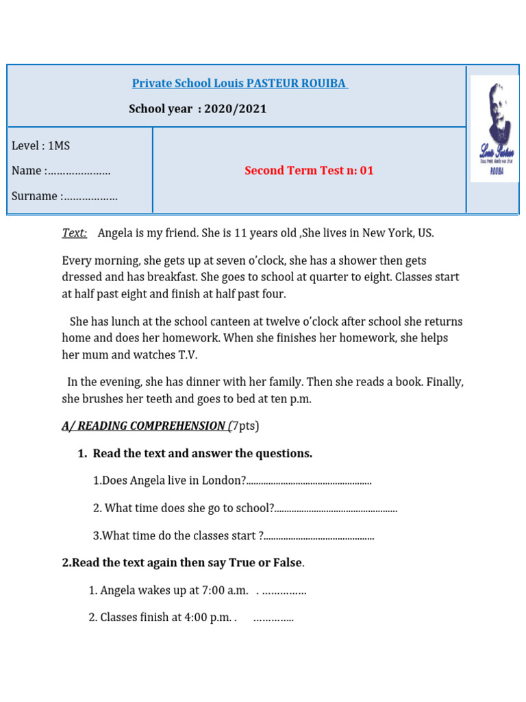 1MS Second Term Test | PDF | Grammar | Languages